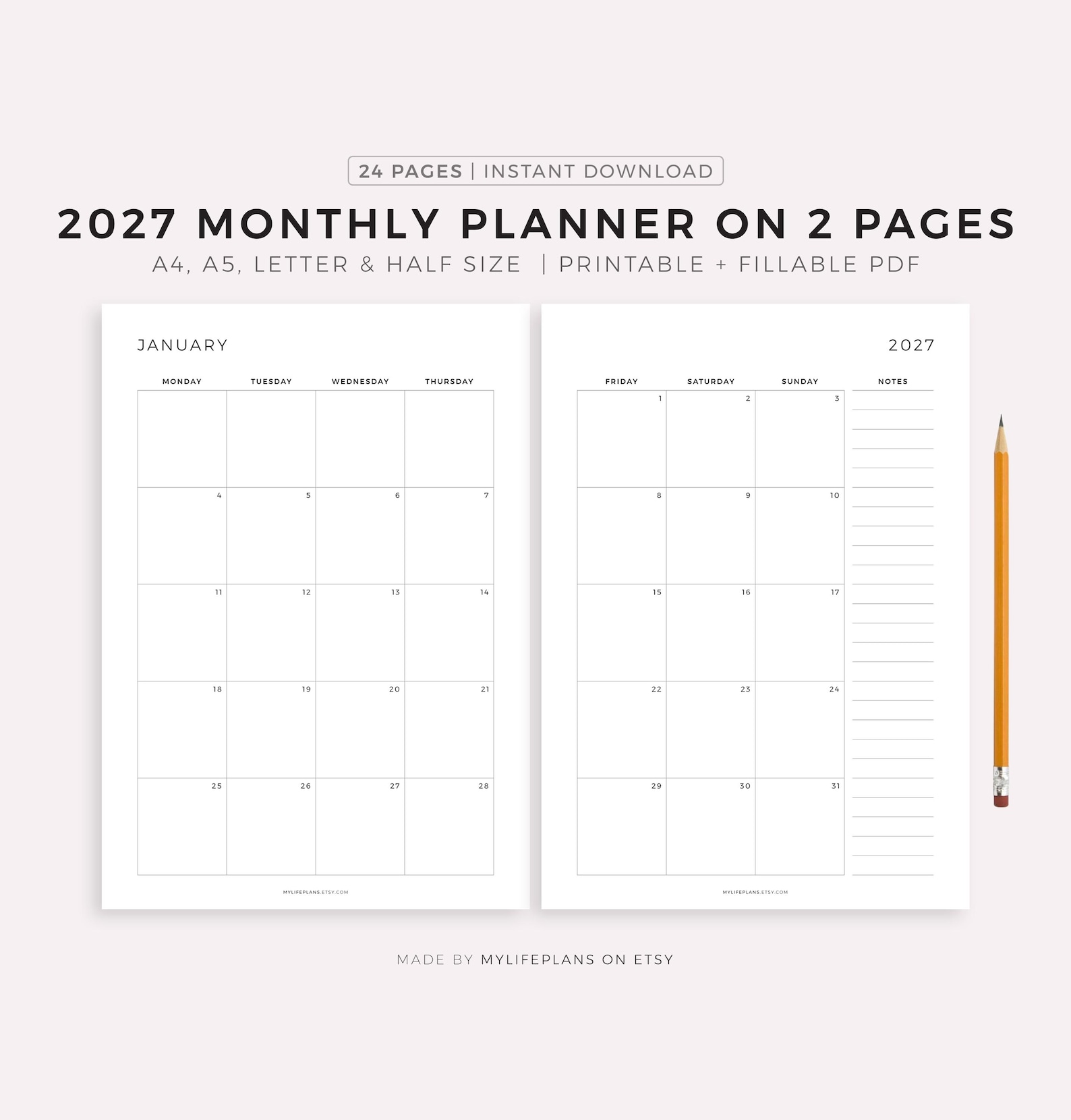 2027 Monthly Planner Printable, Dated Month on 2 Pages, 2027 Calendar ...