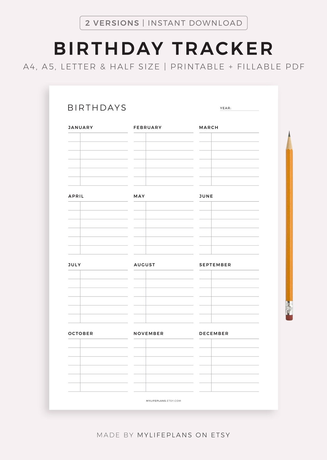 Birthday Tracker Printable Template Birthday Calendar - Etsy UK