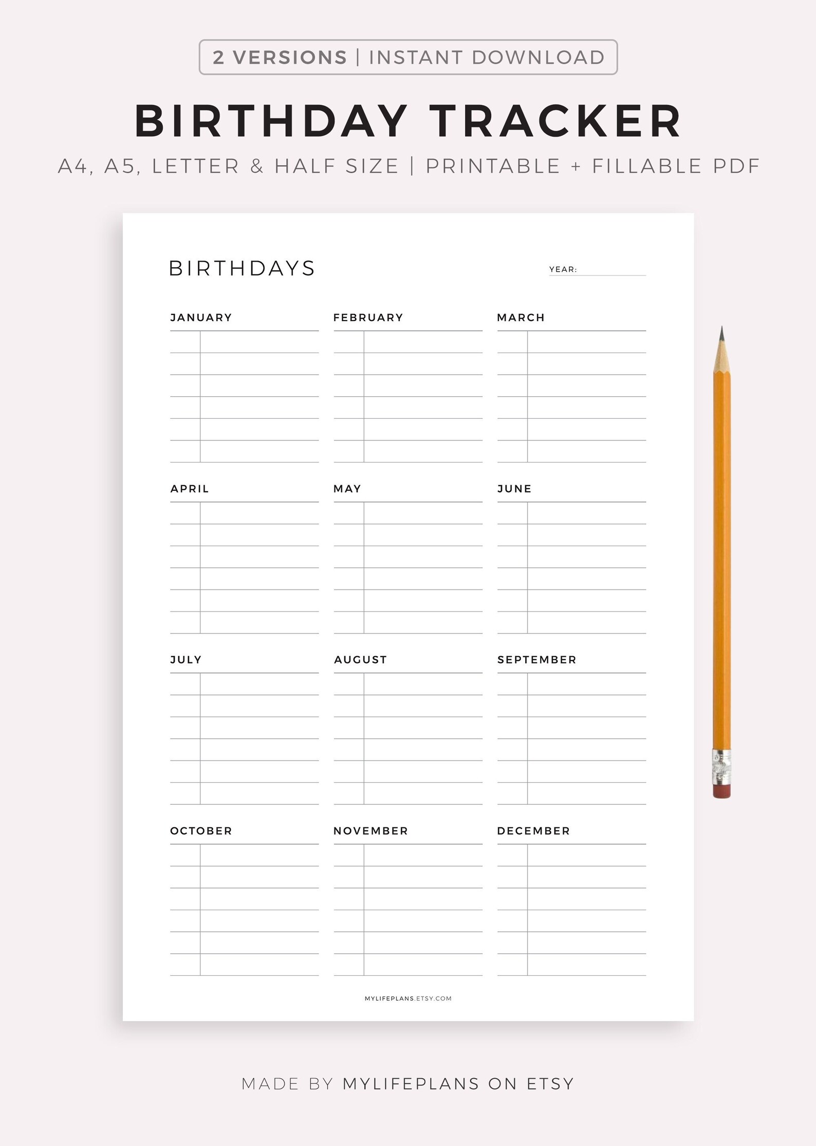 Birthday Tracker Printable Template Birthday Calendar - Etsy UK