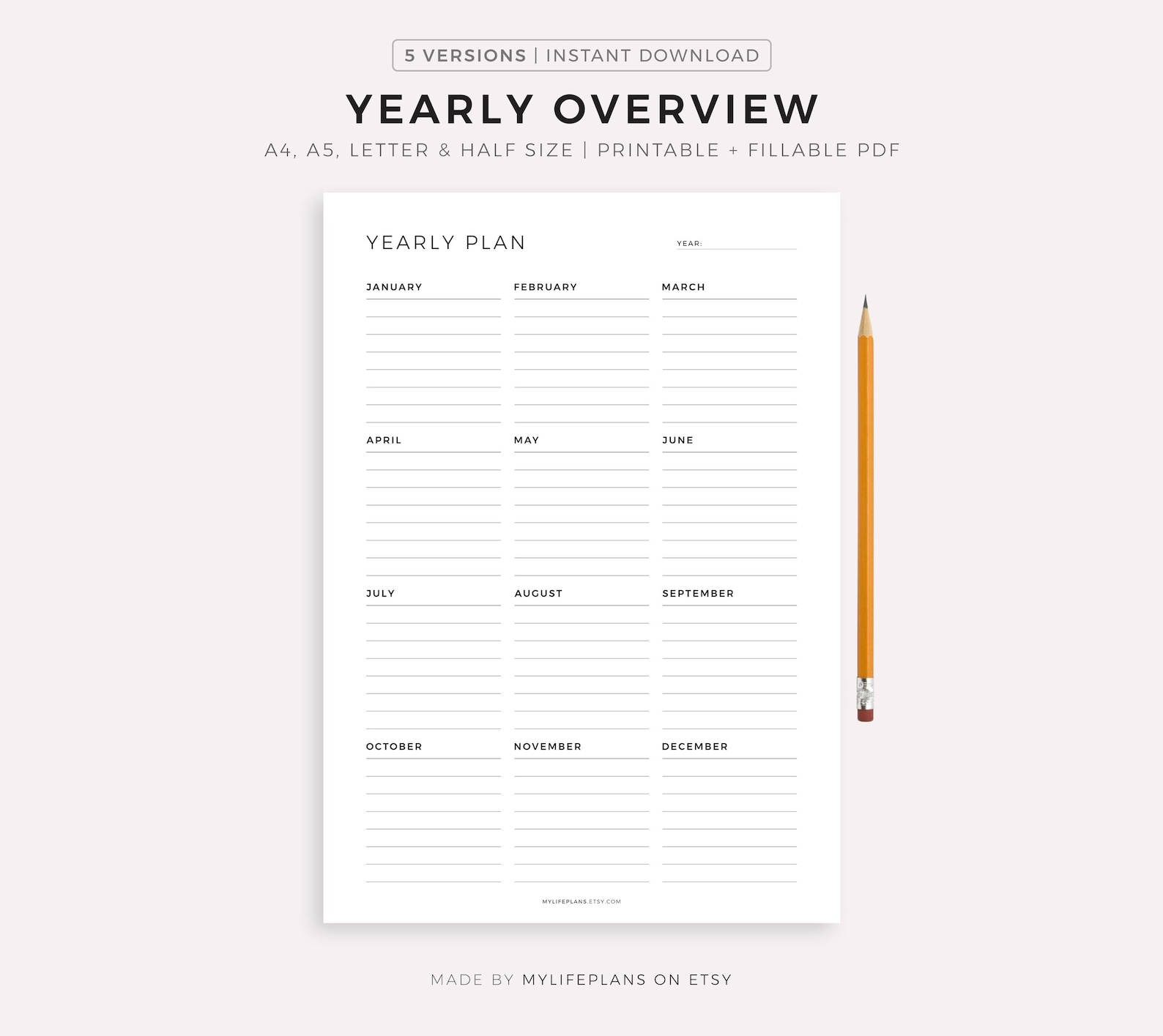 Yearly Overview, Printable Yearly Planner on One Page, Year at a Glance ...