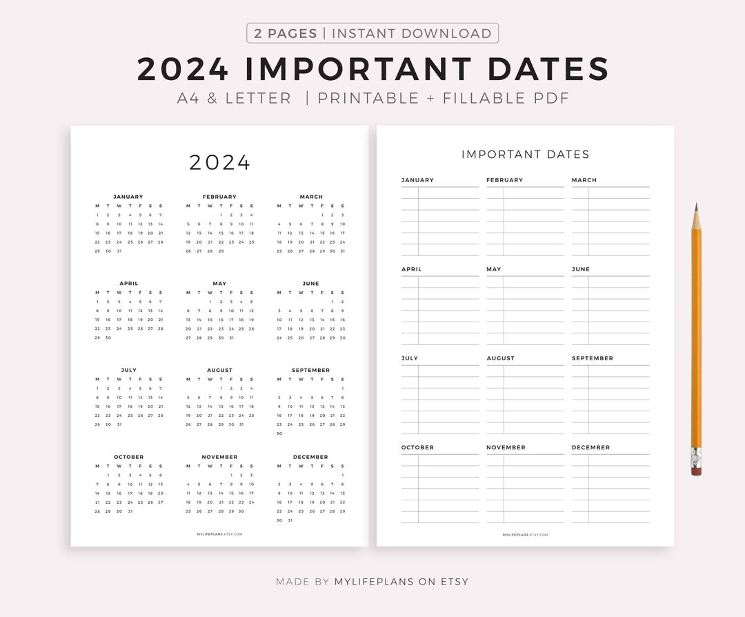 2024 Calendar and Important Dates Page Printable Birthdays ...