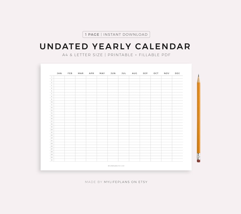 Undated Year Calendar Printable & Fillable, Year at a Glance, Year on ...