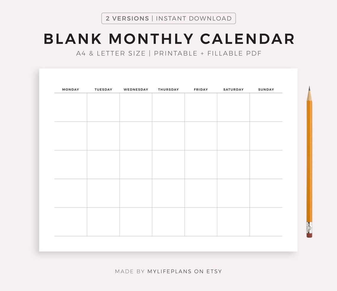 Blank Monthly Calendar Printable Landscape Minimalist - Etsy