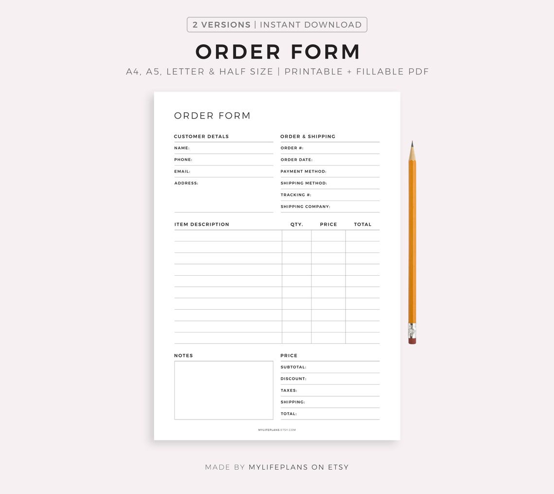 Fillable Order Form Template Printable, Order Form for Small Business ...