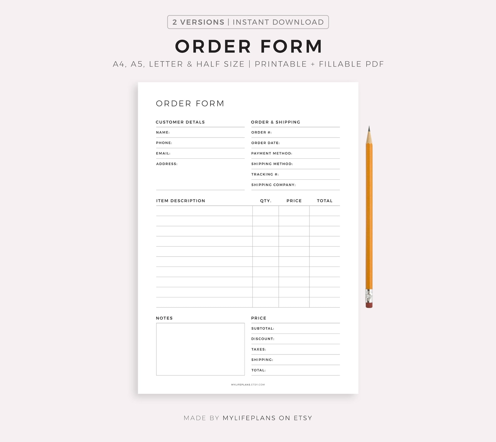 Fillable Order Form Template Printable, Order Form for Small Business ...