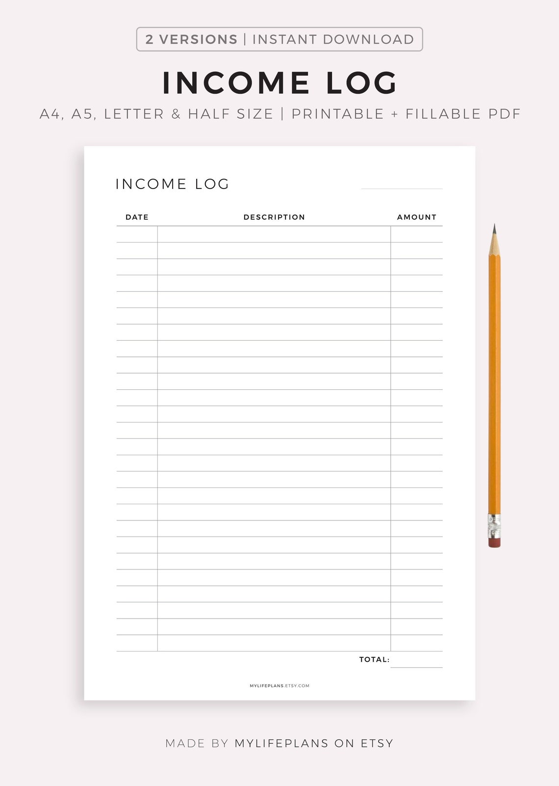Income Log Printable Template Personal / Business Income - Etsy