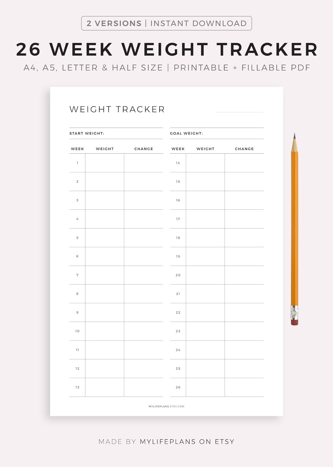 26 Week Weight Tracker Printable & Fillable Weight Loss - Etsy