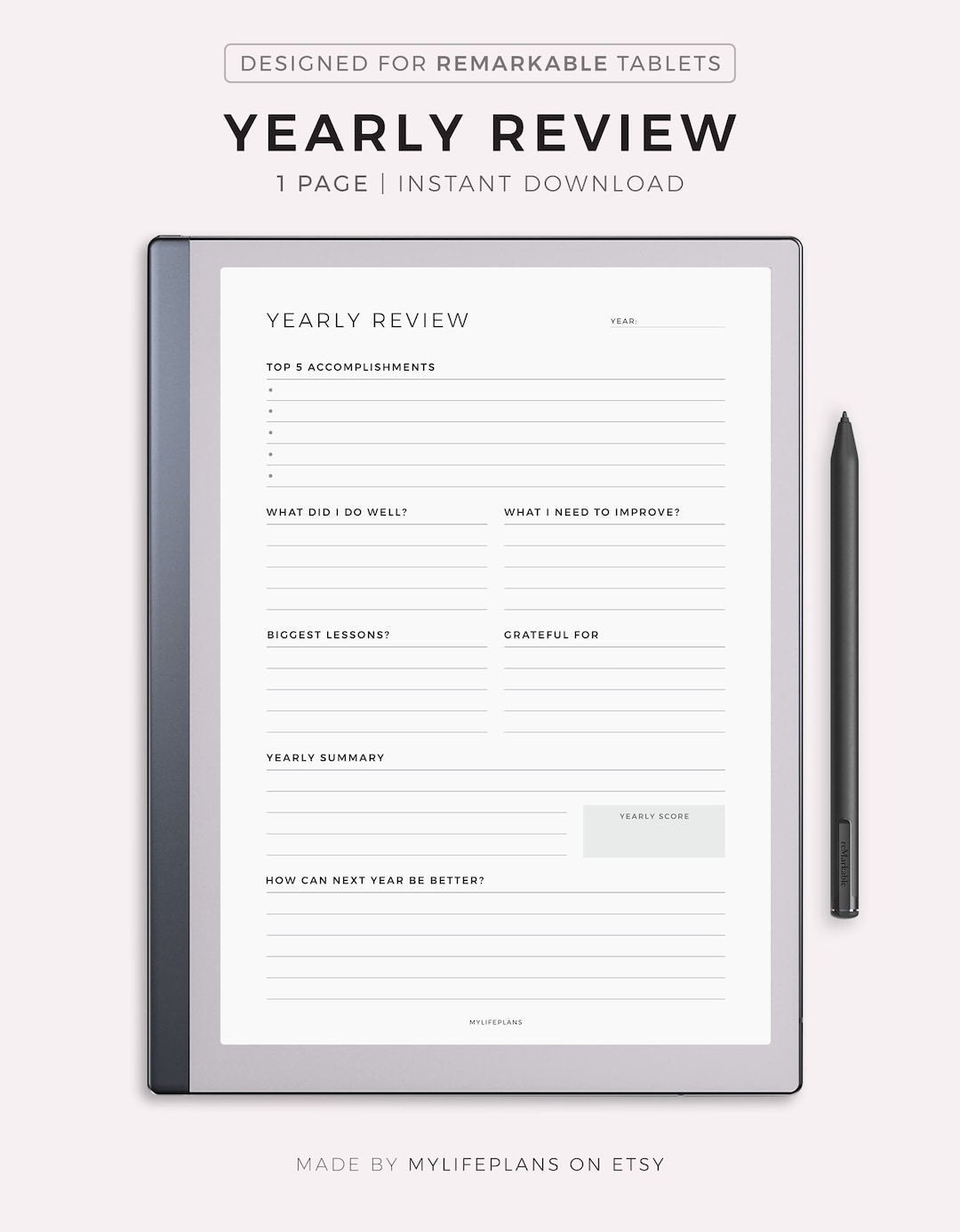 Yearly Review Remarkable 2 Template, Yearly Reflection, Annual Review ...