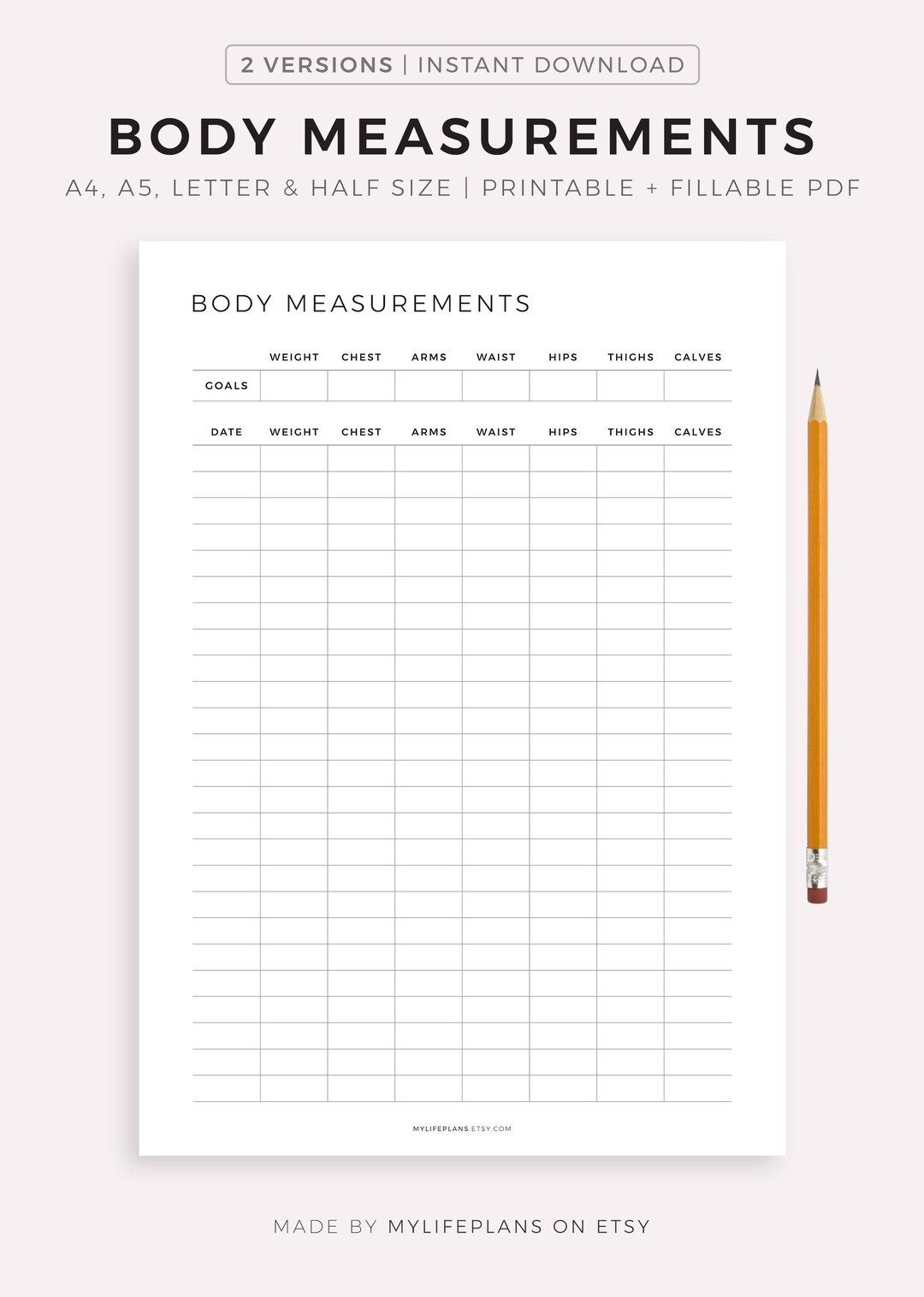 Body Measurements Tracker Printable, Fitness Progress Sheet, Body ...