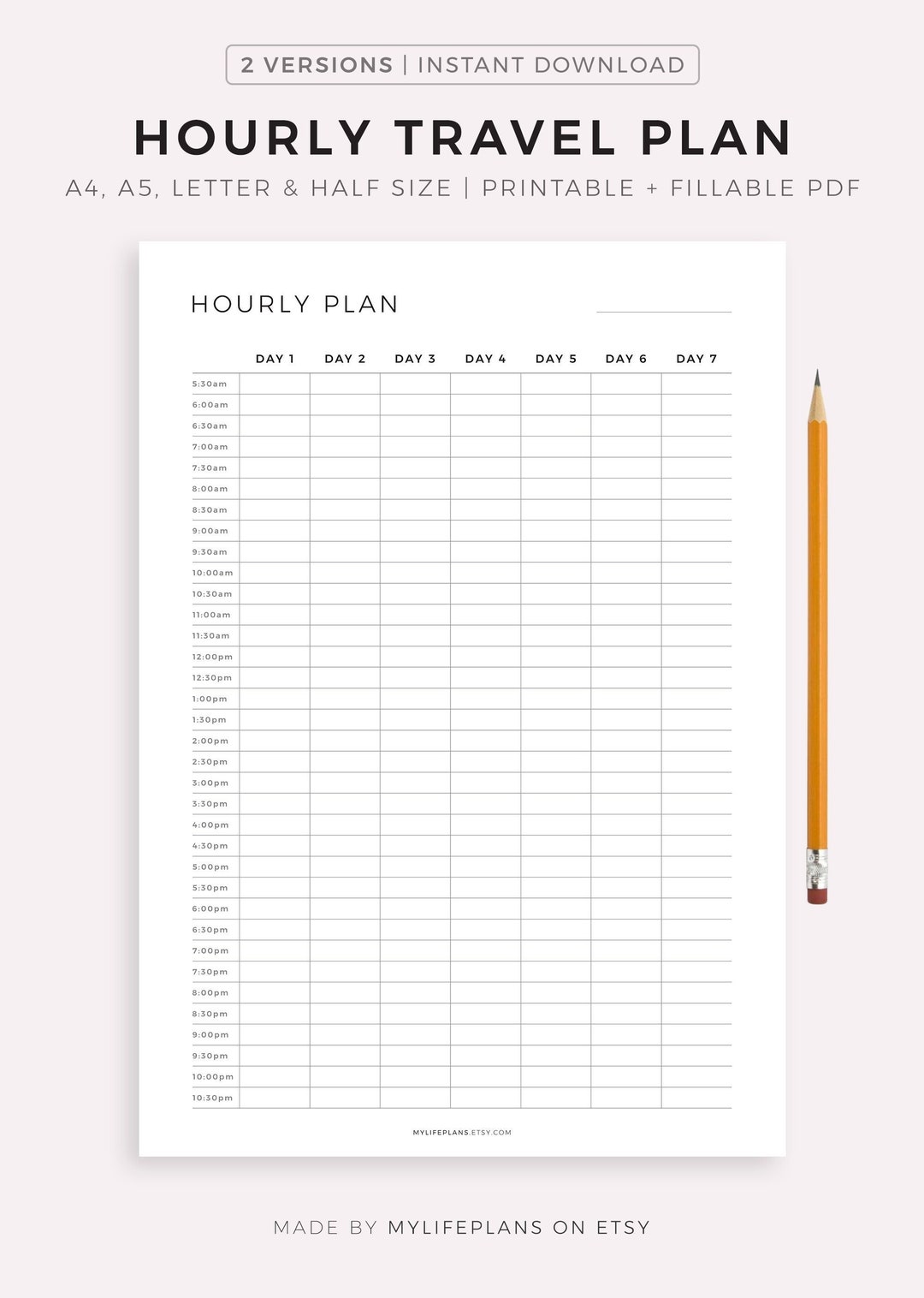 Hourly Travel Planner, Travel Schedule, Vacation Day Planner, Travel ...