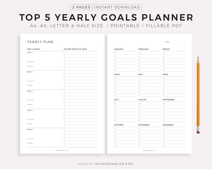 Undated Year Calendar Printable & Fillable, Year at a Glance, Year on ...