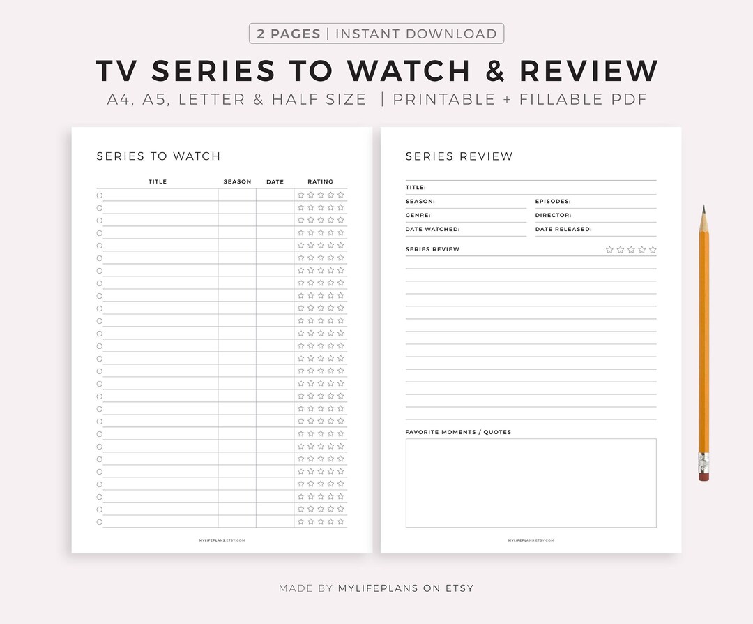 TV Series to Watch & Review Page Printable and Fillable PDF, A4/a5 ...