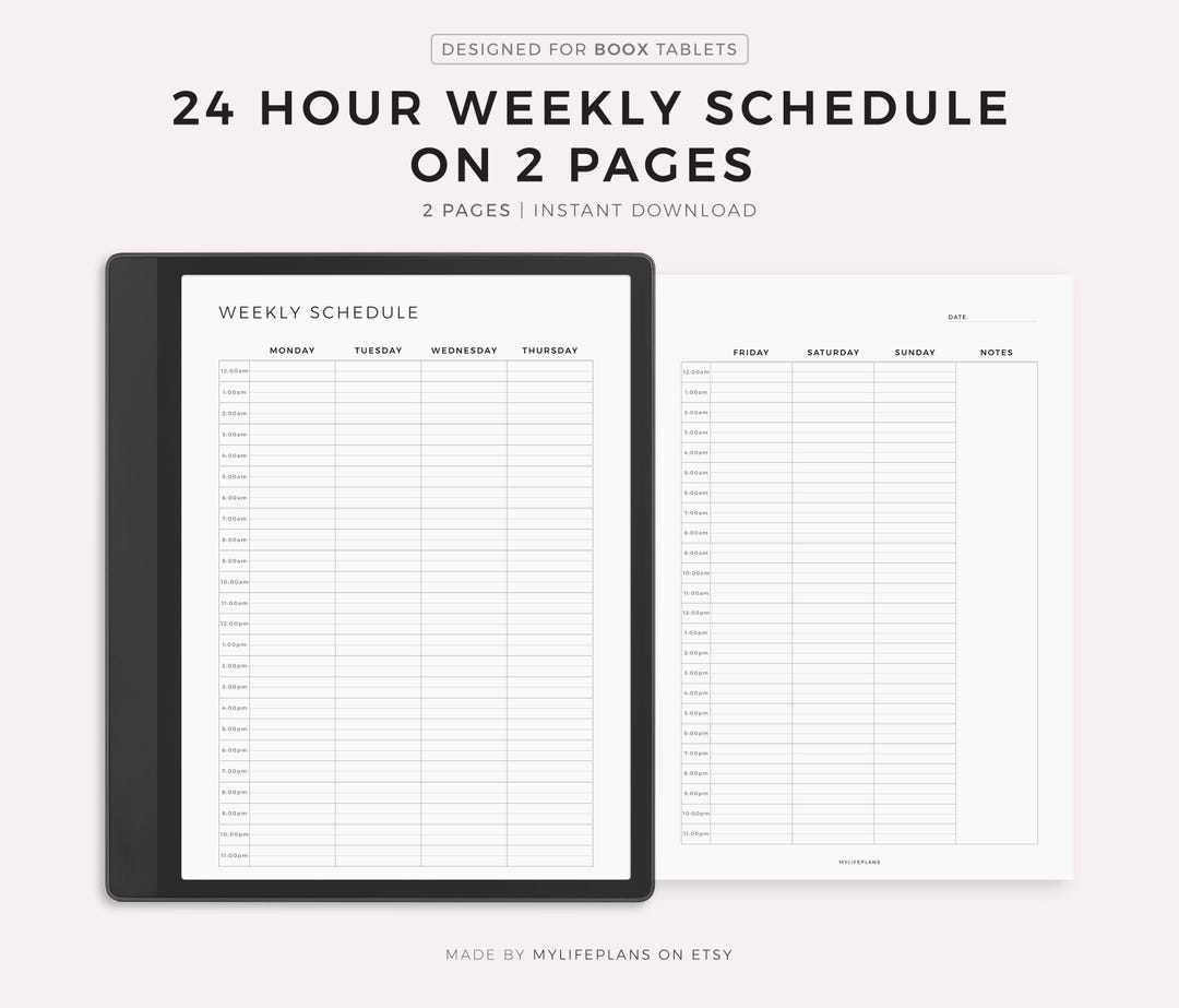 24 Hour Weekly Schedule on 2 Pages, Sunday & Monday Start, Compatible ...