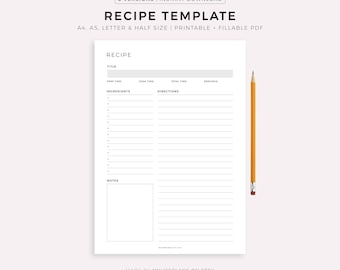 Printable Recipe Template, Recipe Card, Blank Recipe Page, Recipe Book ...