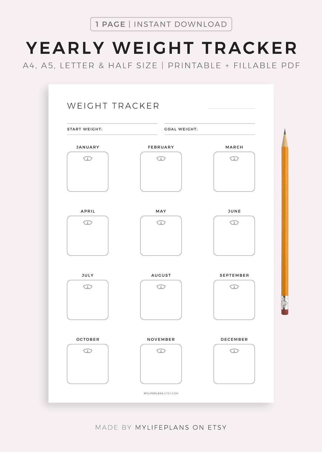Yearly Weight Tracker Printable, Monthly Weight Goal Progress, Weight ...