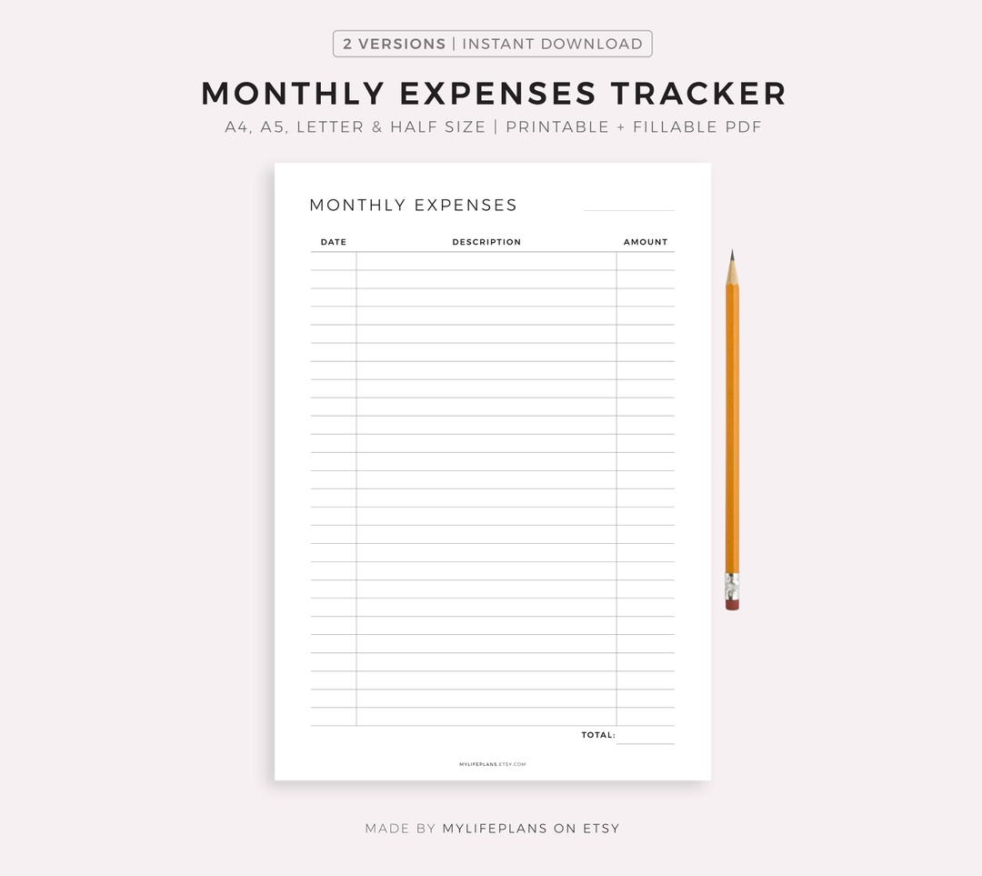 Simple Monthly Expenses Tracker Printable, Spending Log, Purchase ...