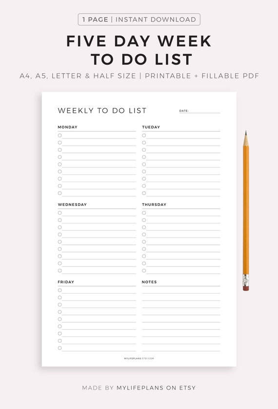 Five Day Week to Do List Printable Minimal Weekly Planner - Etsy
