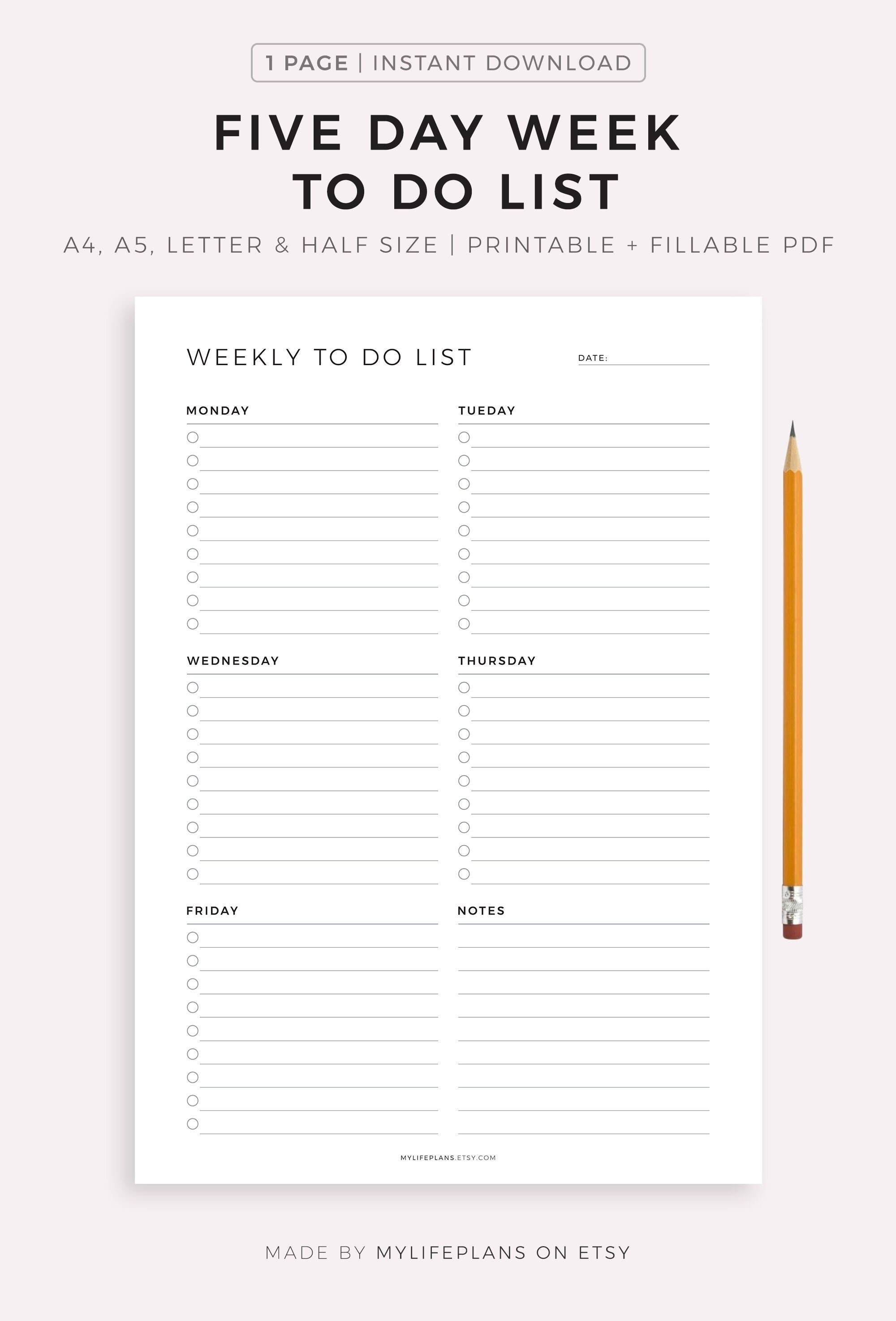 Five Day Week to Do List Printable Minimal Weekly Planner - Etsy