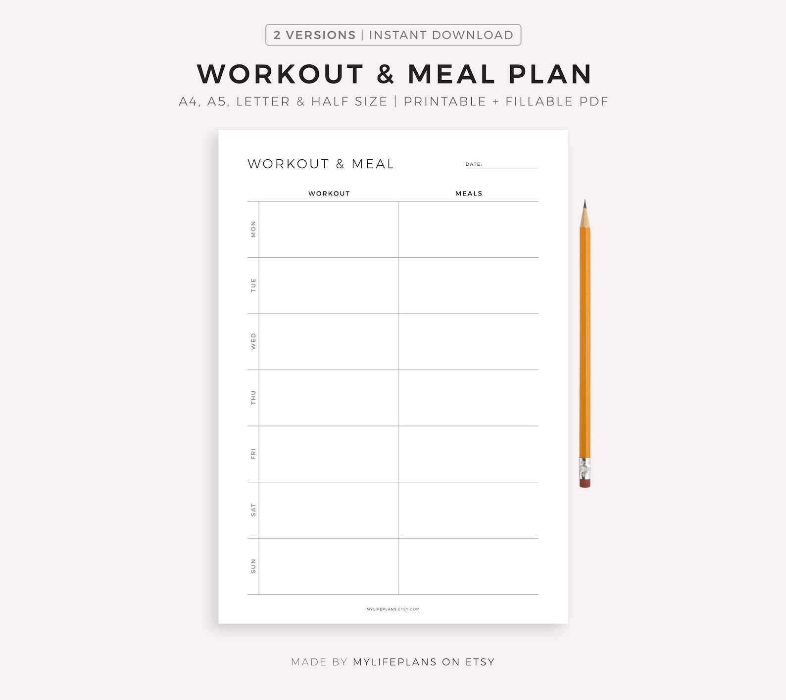 Weekly Workout & Meal Planning Printable, Exercise Planner, Menu ...