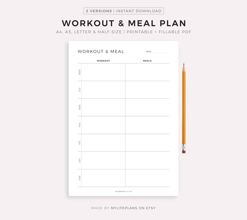 Weekly Workout & Meal Planning Printable, Exercise Planner, Menu ...