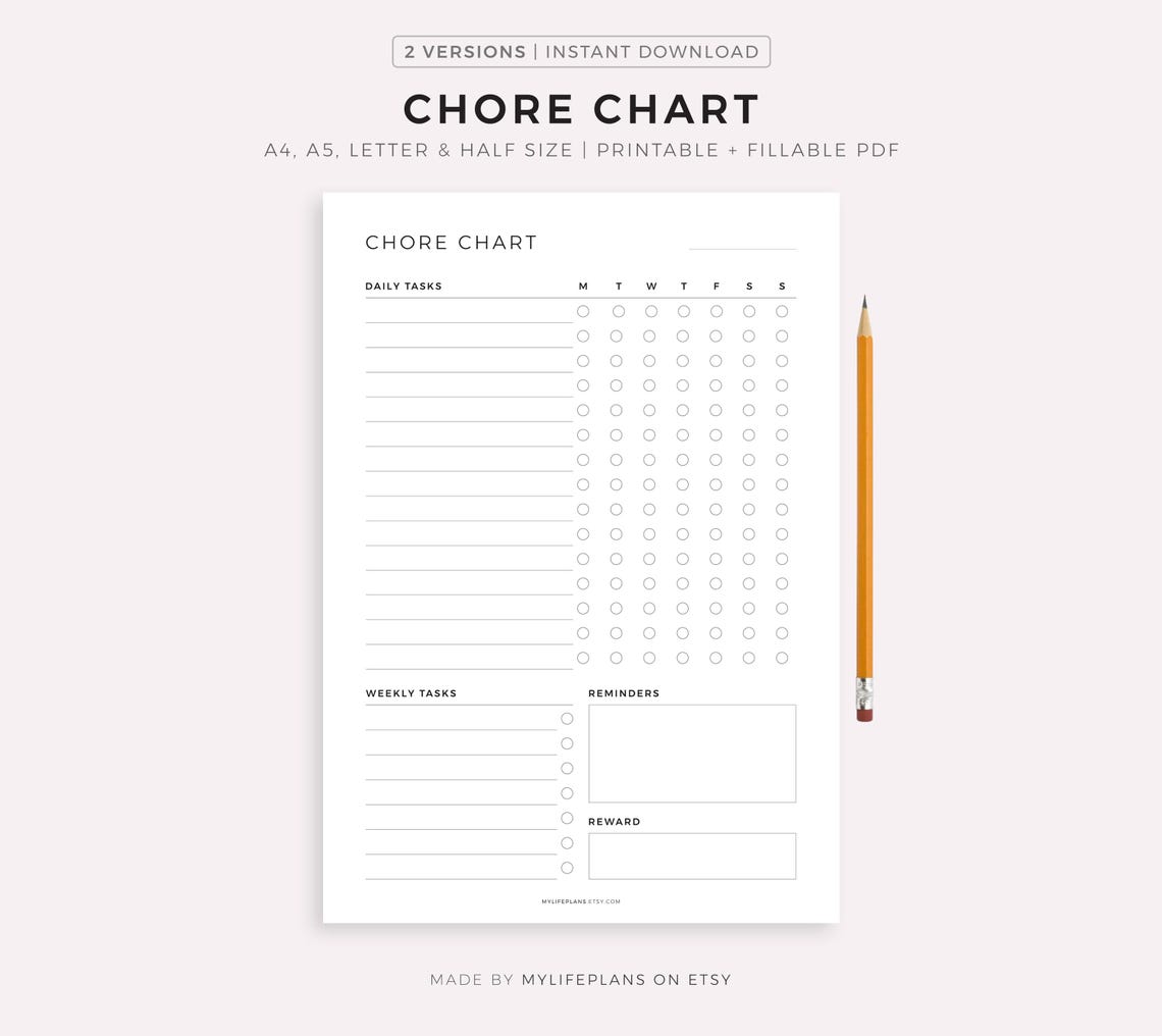 Chore Chart for Kids and Adults, Responsibilities Chart, to Do List ...