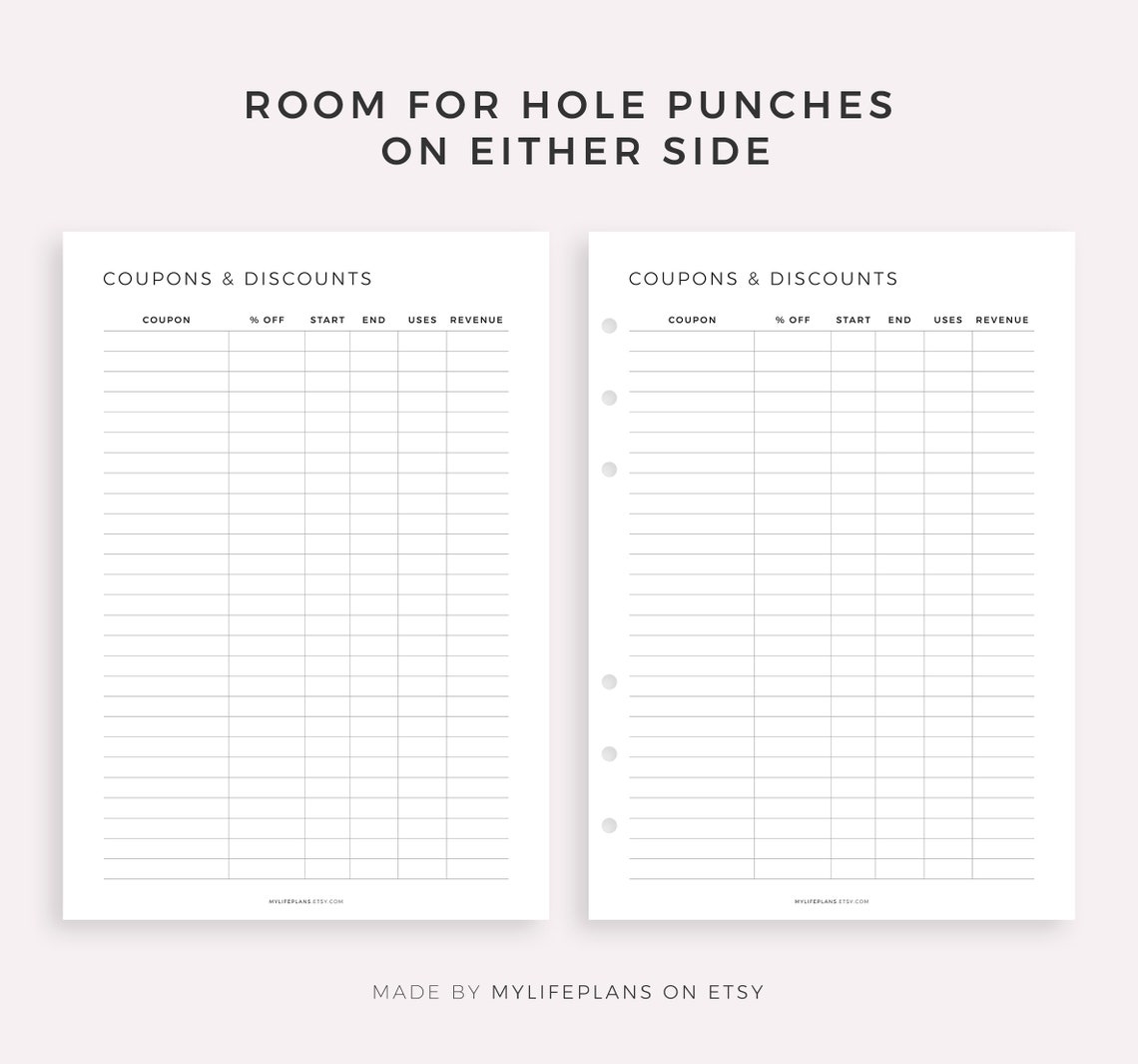 Online Shop Coupon & Discounts Tracker Printable, Business Coupon ...