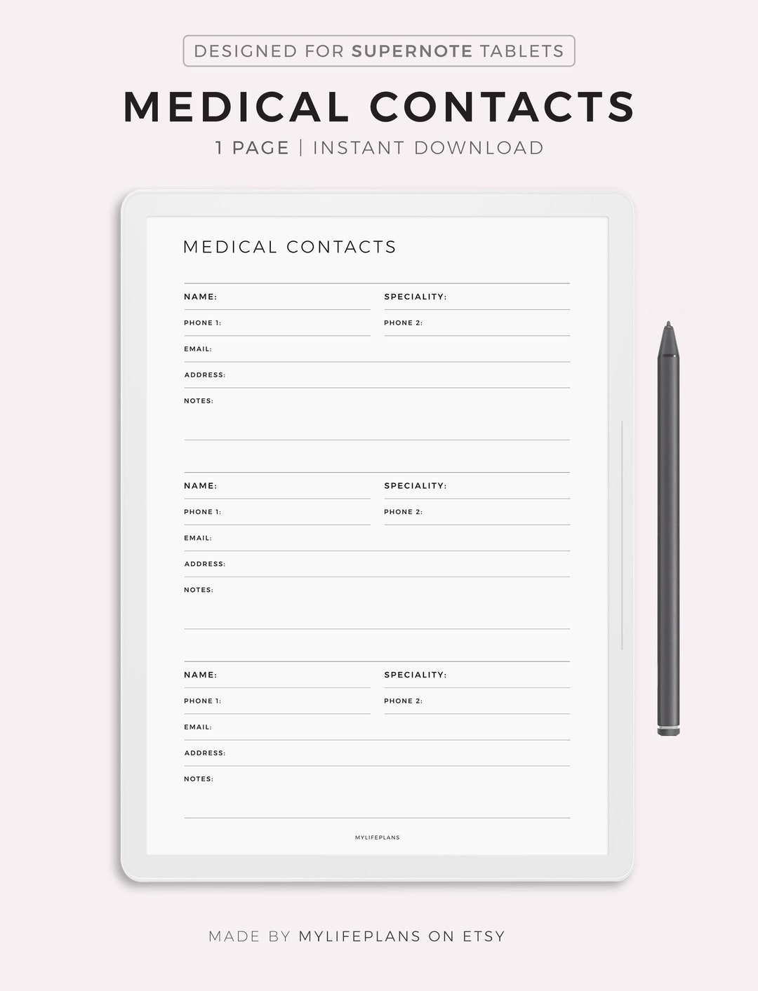 Medical Contacts List Template for Supernote A5X2/A5X/A5/A6X2/A6X/A6 ...