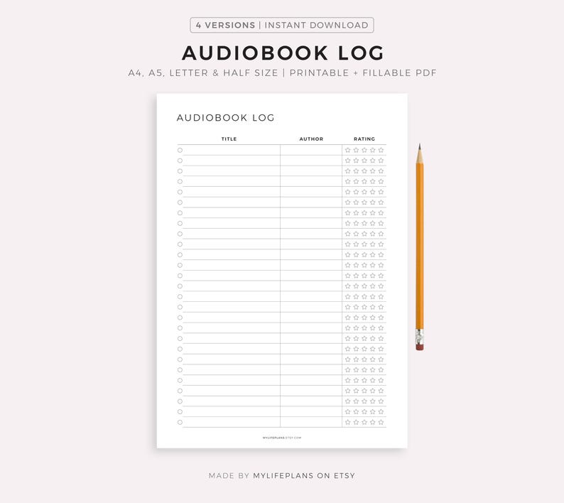 Audiobook Log Printable, Audiobook Tracker & Journal, Book Lovers ...