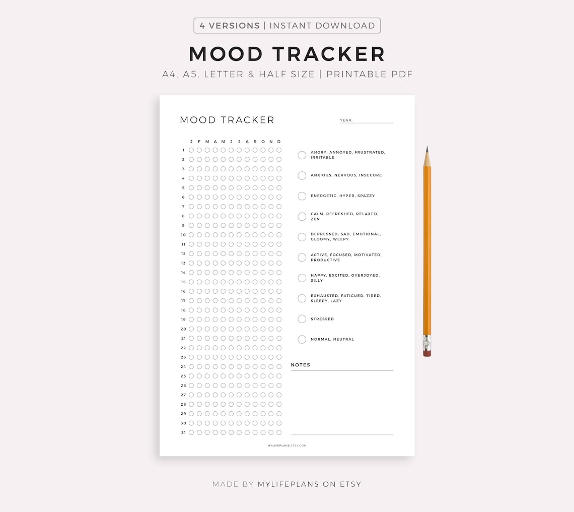 Mood Tracker Printable, A Year in Pixels, Mood Journal, Emotion Tracker ...