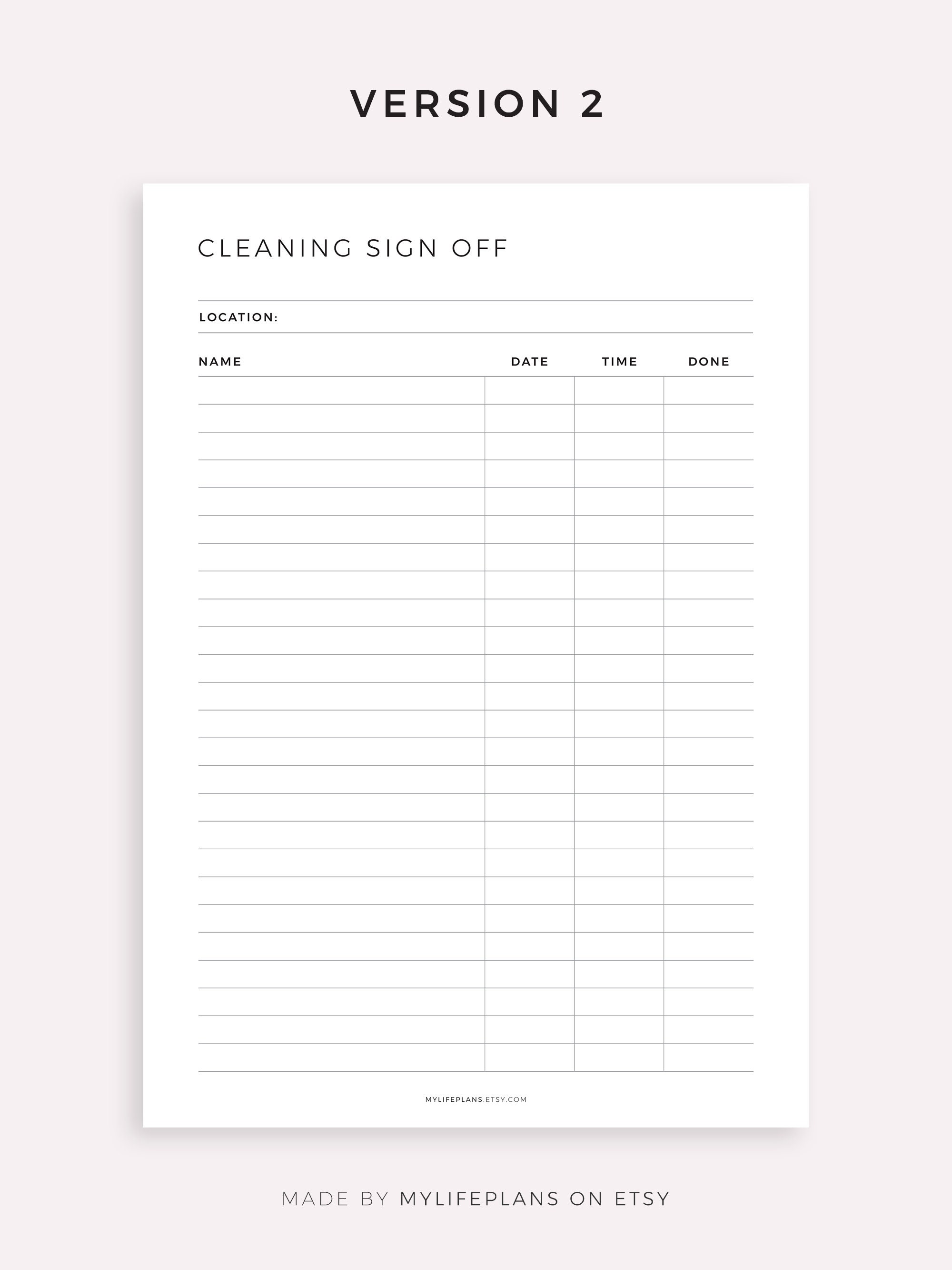 Cleaning Sign off Sheet Printable, Restroom Cleaning, Bathroom Cleaner ...