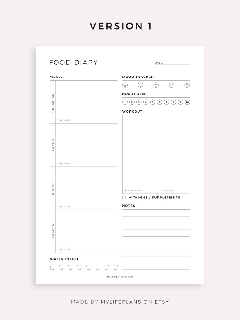 Daily Food Diary Printable, Food Journal, Vitamin Intake, Water Intake ...