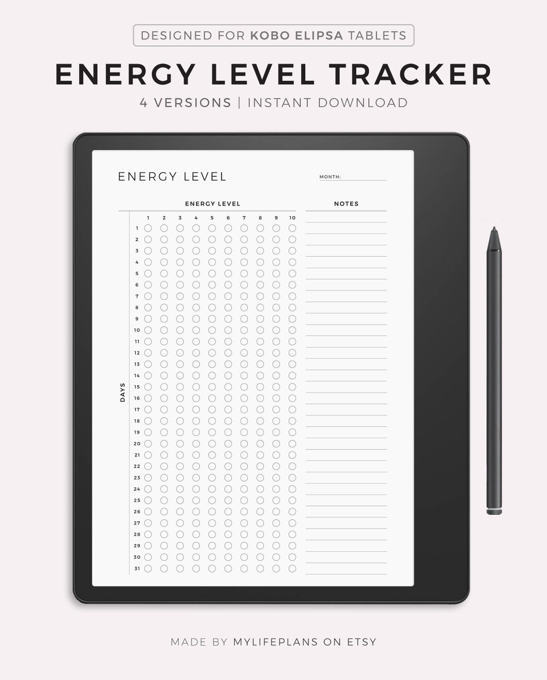 Daily Energy Level Tracker for Kobo Elipsa 2e / 1, Track Monthly Energy ...