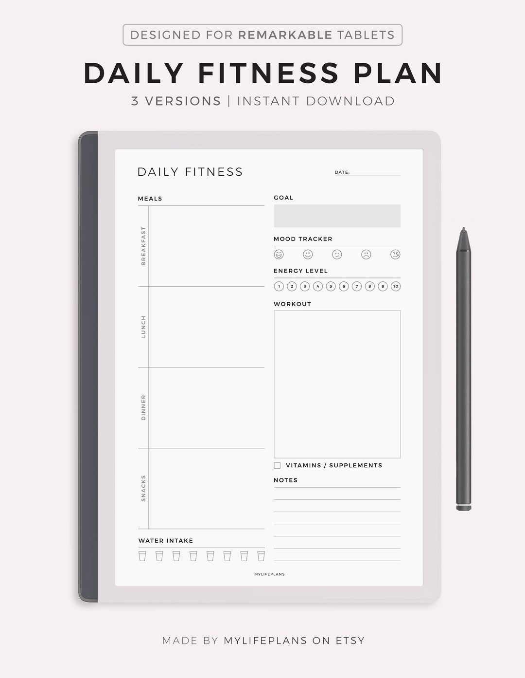 Daily Fitness Planner for Remarkable 2, Workout Planner, Meal Planner ...