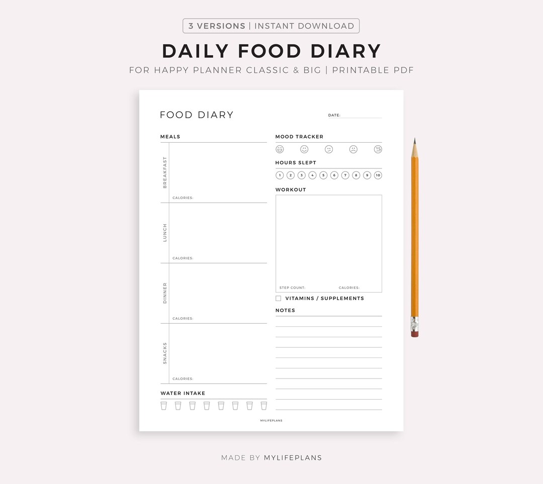 Daily Food Diary, Printable for Happy Planner Classic and Big, Instant ...