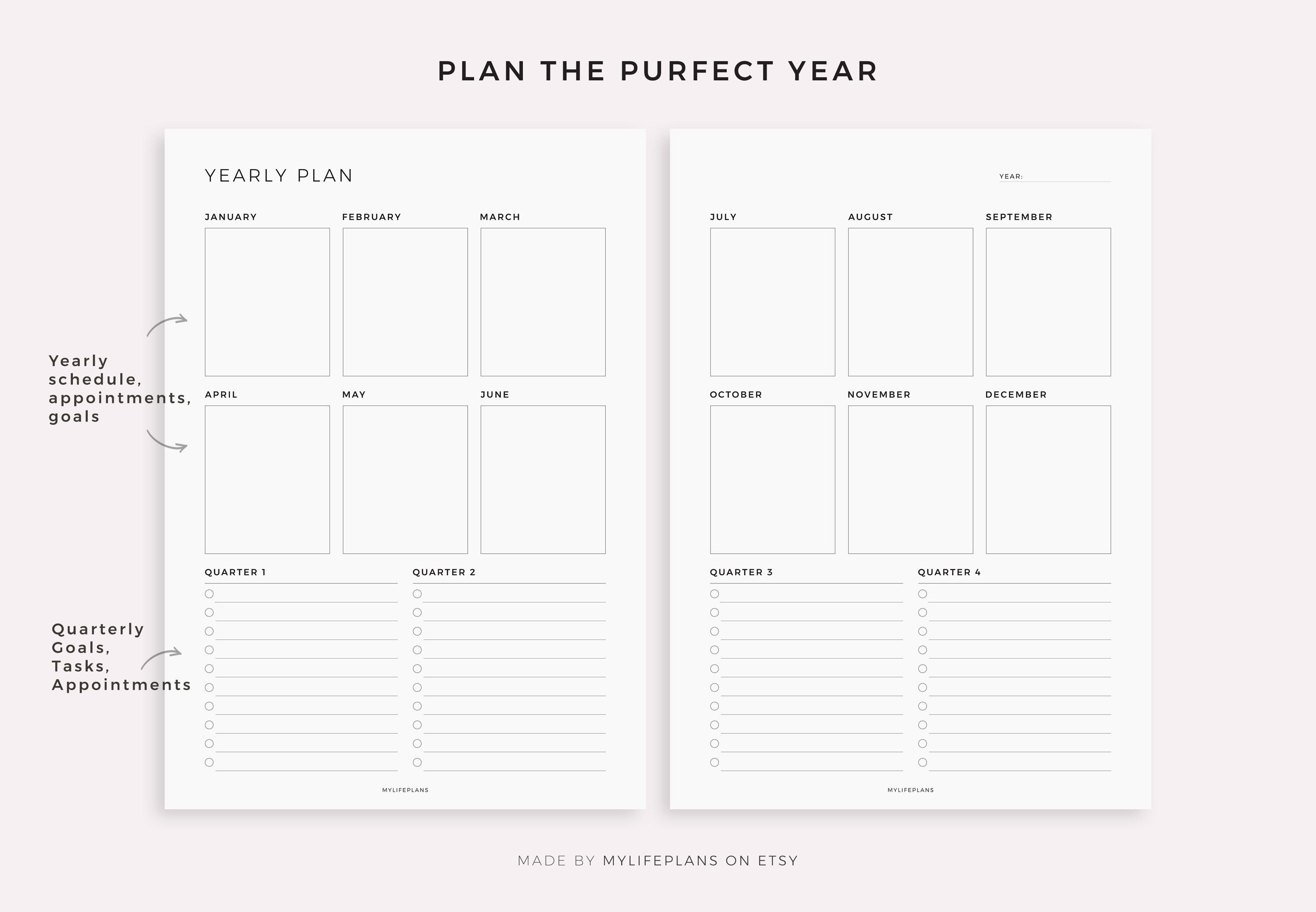 Quarterly Yearly Planner, Yearly Goals & Tasks, Annual Overview ...