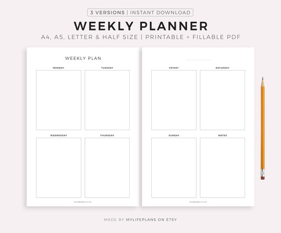 Weekly Planner Printable Vertical Minimalist Weekly Schedule | Etsy