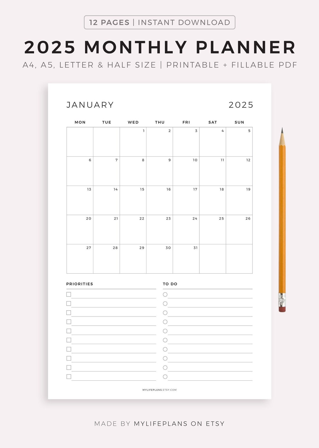 2025 Monthly Planner Printable, A4/a5/letter/half Size, Monthly ...