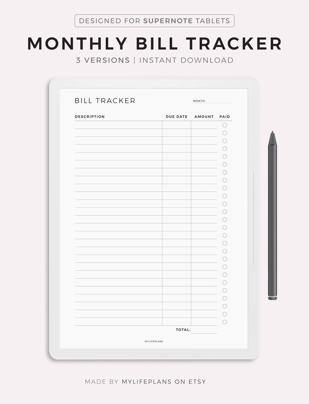 Monthly Bill Tracker for Supernote A5X2/A5X/A5/A6X2/A6X/A6, Instant ...