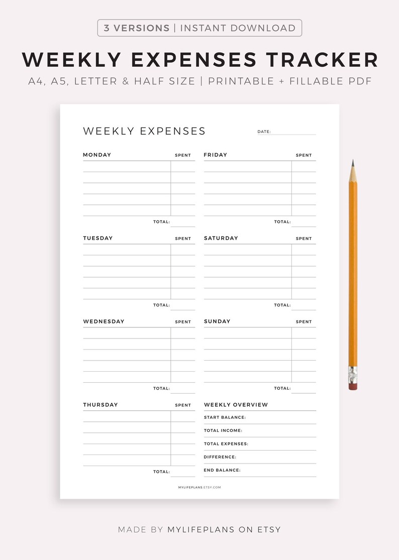 Weekly Expenses Tracker Printable Spending Tracker Budget - Etsy