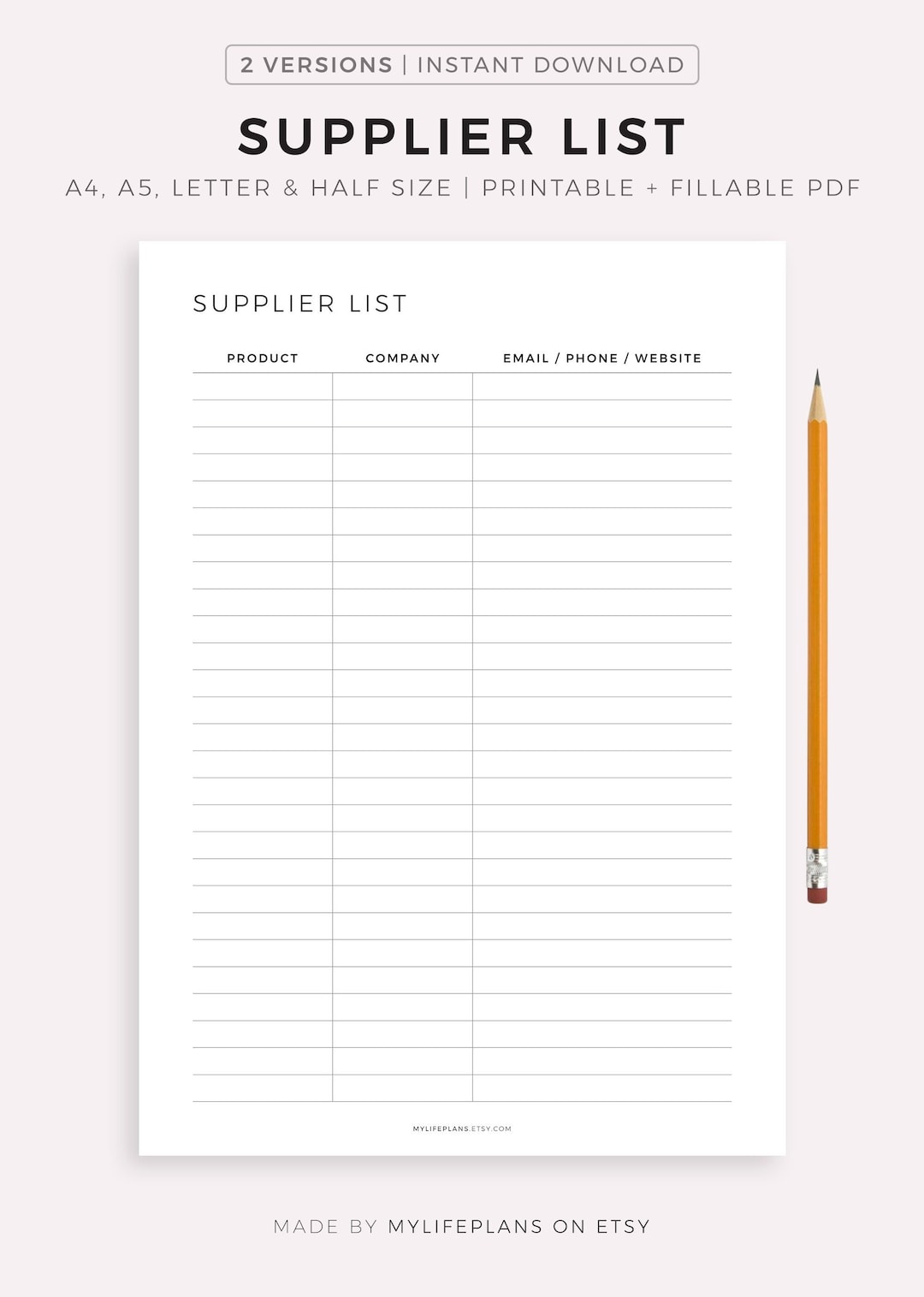 Supplier List Printable, Supplier Information Log, Supplies Vendor ...