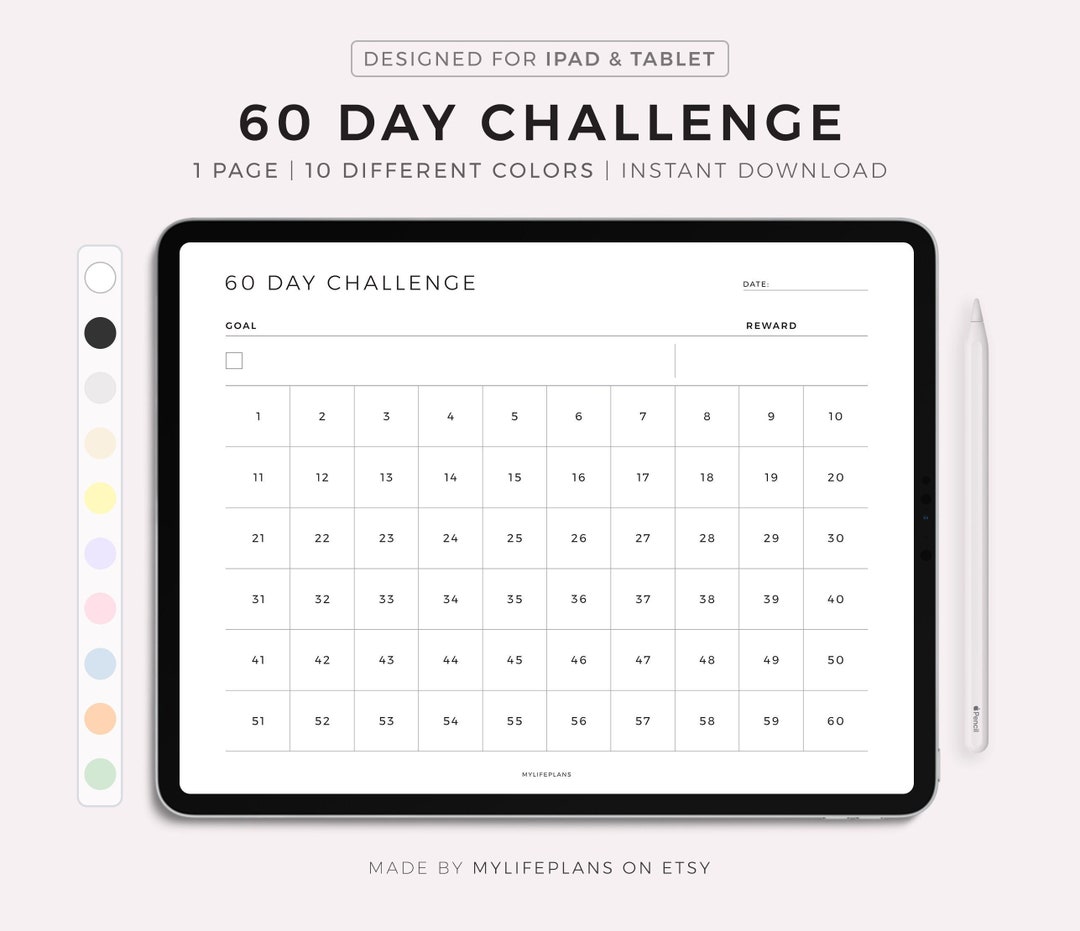 60 Day Challenge Digital Planner Landscape, Compatible With Goodnotes ...