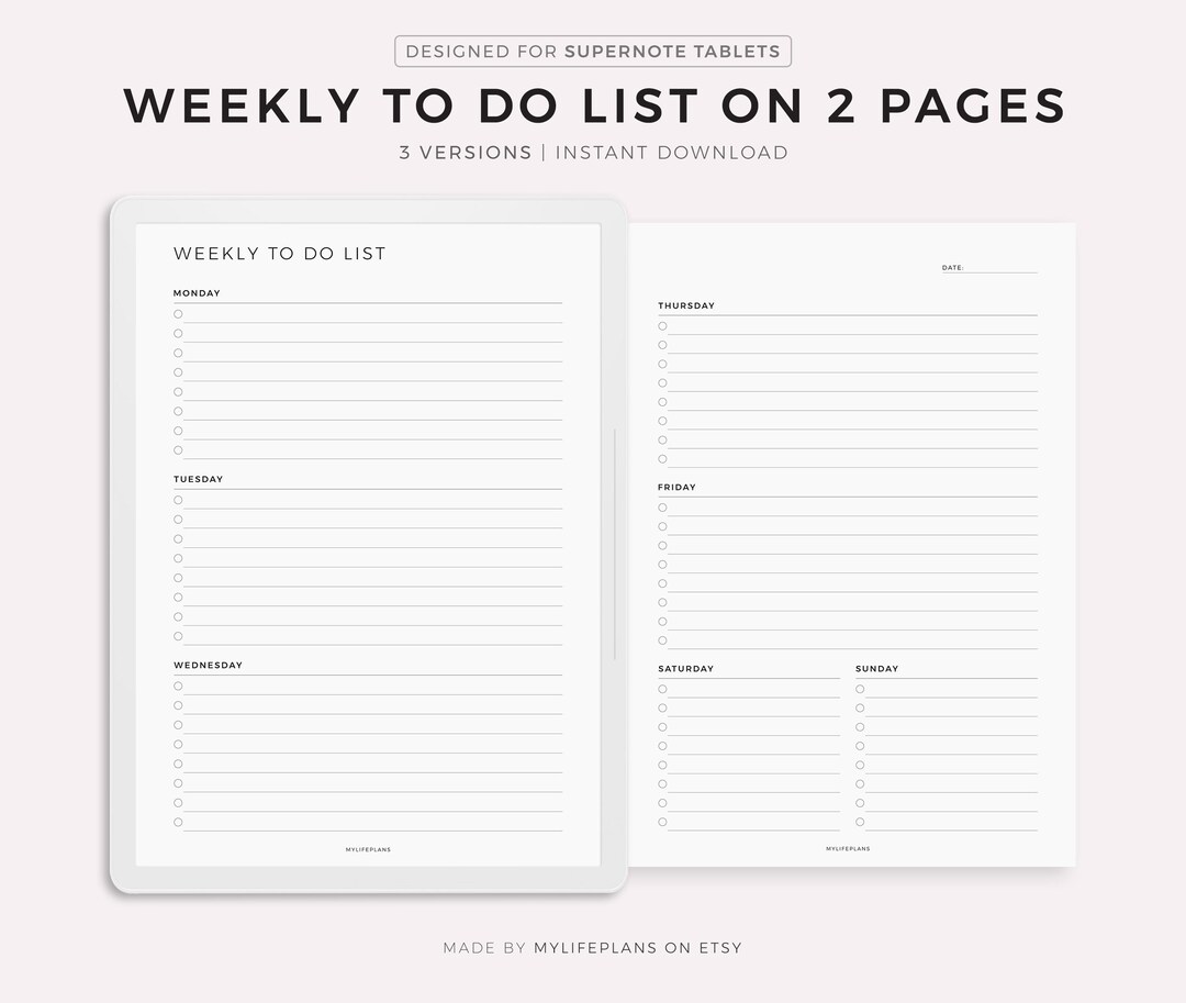 Weekly to Do List on 2 Pages, Minimal Weekly Planner, Compatible With ...