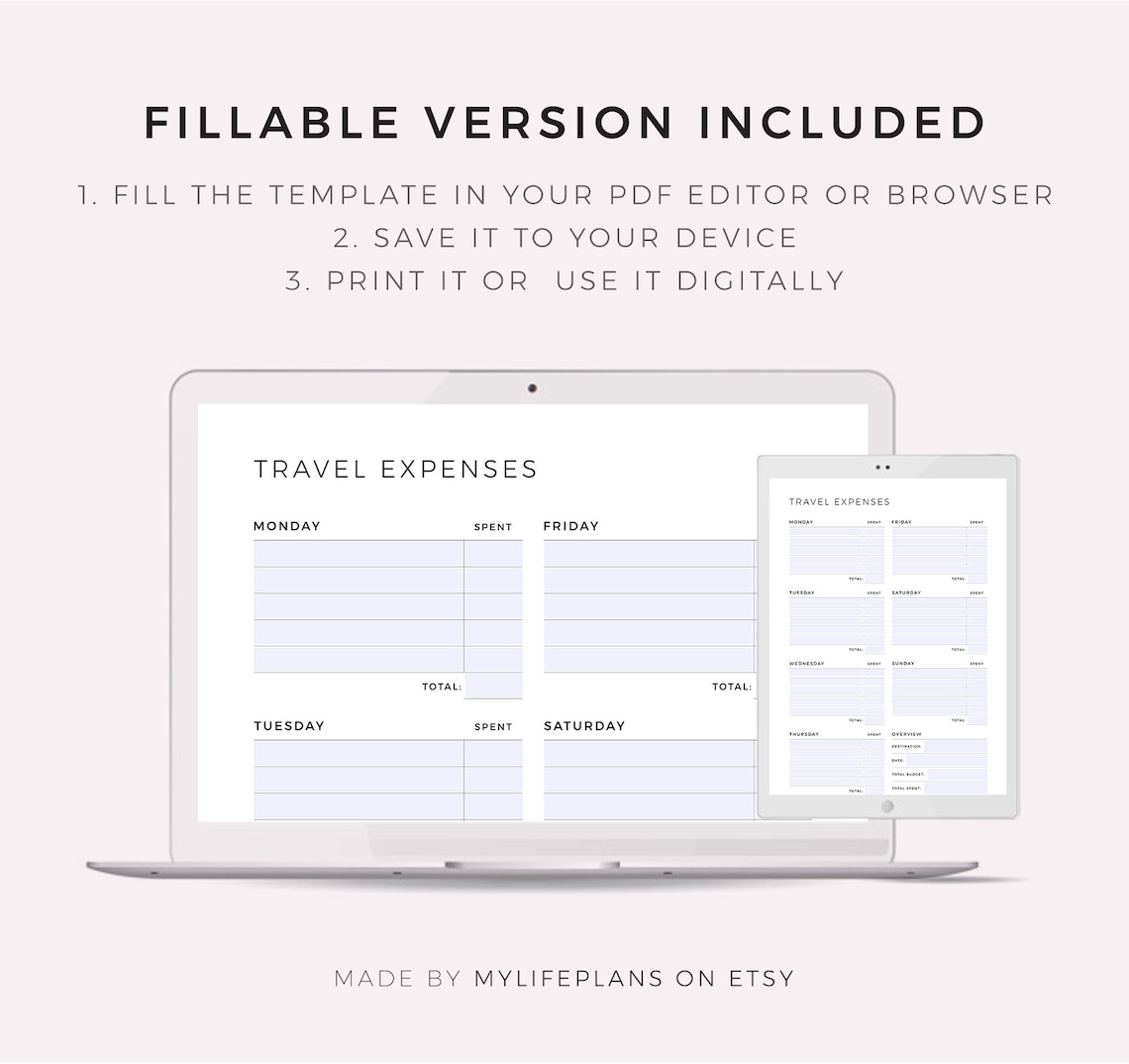 Printable Daily Travel Expenses Tracker - Vacation Spending, Holiday ...