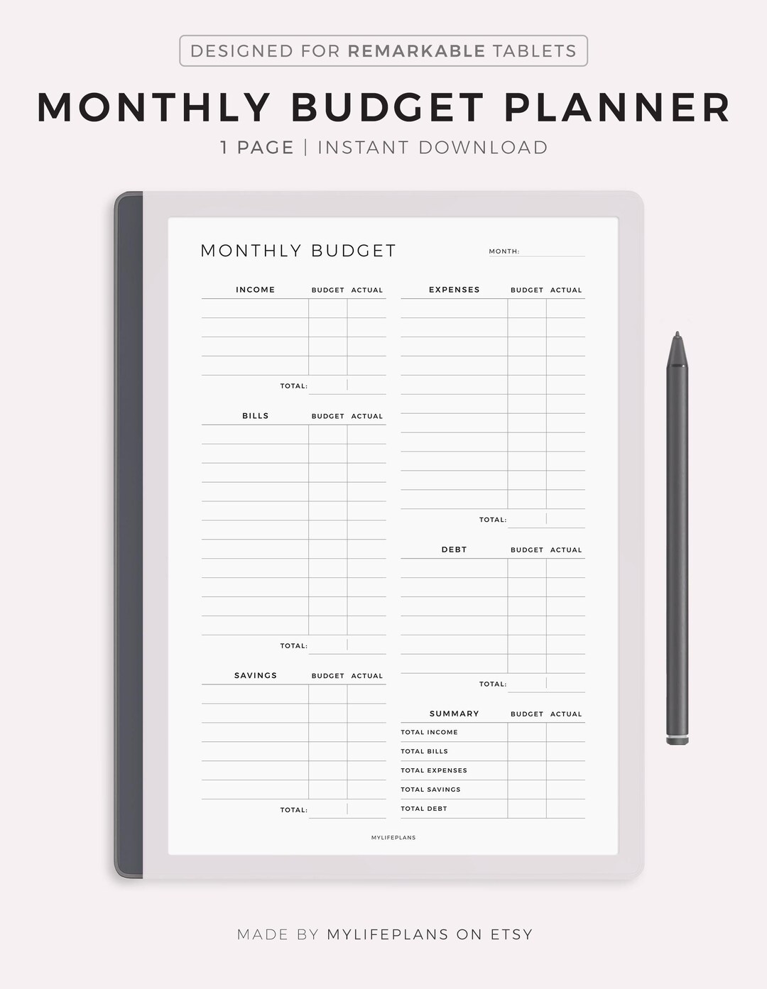 Monthly Budget Planner for Remarkable 2, Budget Tracker Template ...