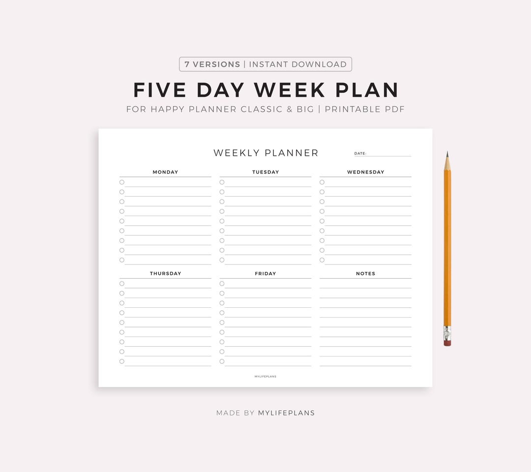 Five Day Weekly Planner, to Do List Printable for Happy Planner Classic ...