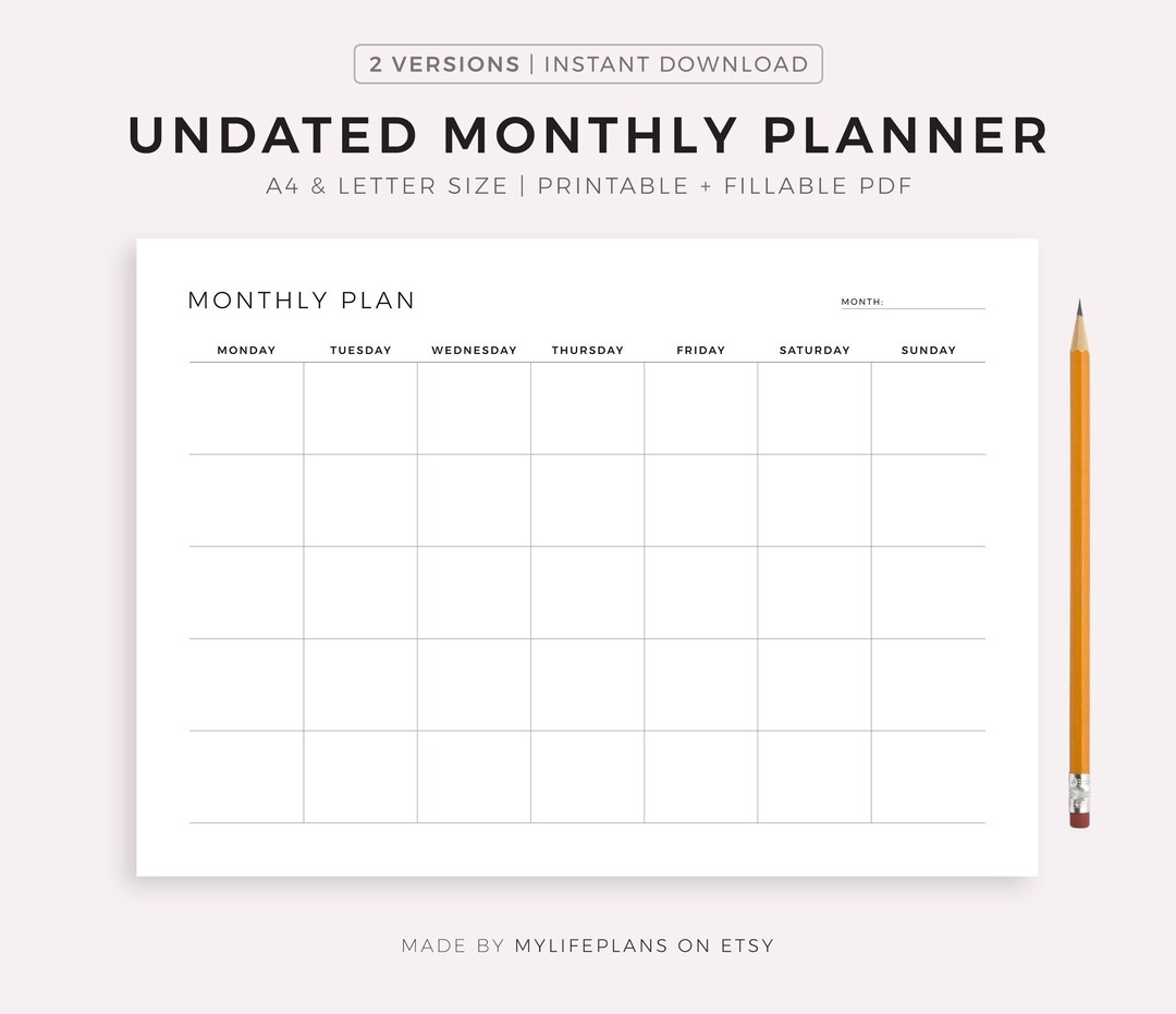 Undated Monthly Planner Printable Landscape, Monday & Sunday Start, Ink ...