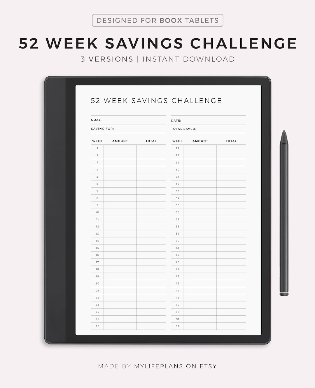 52 Week Savings Challenge for Boox Note Series / Tab Series / Go 10.3 ...