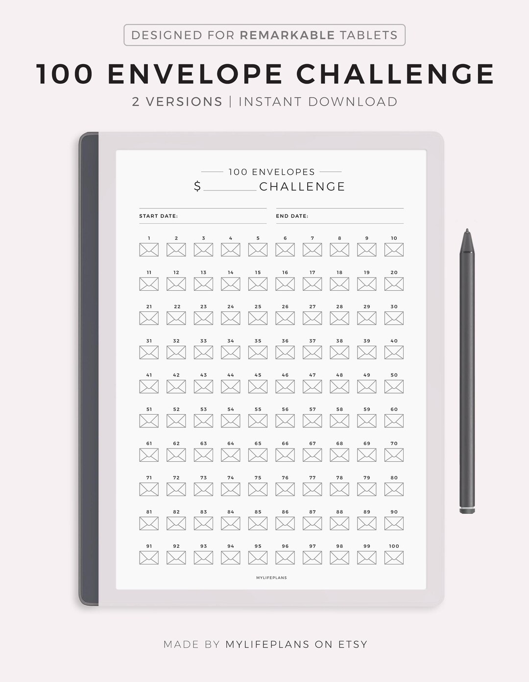 100 Envelope Challenge for Remarkable 2, Money Saving Challenge ...