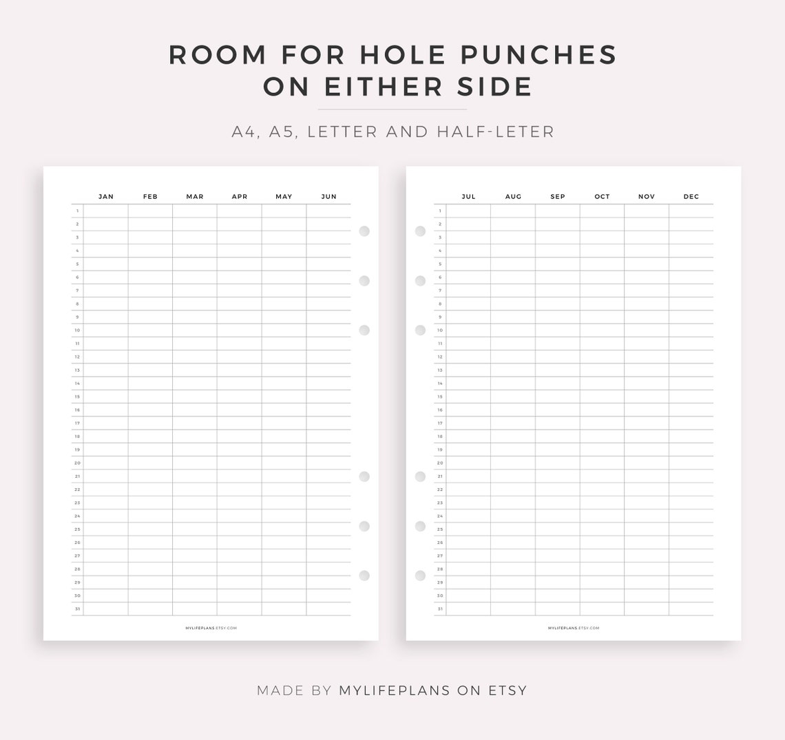 Year Calendar on Two Pages Printable Year at a Glance - Etsy