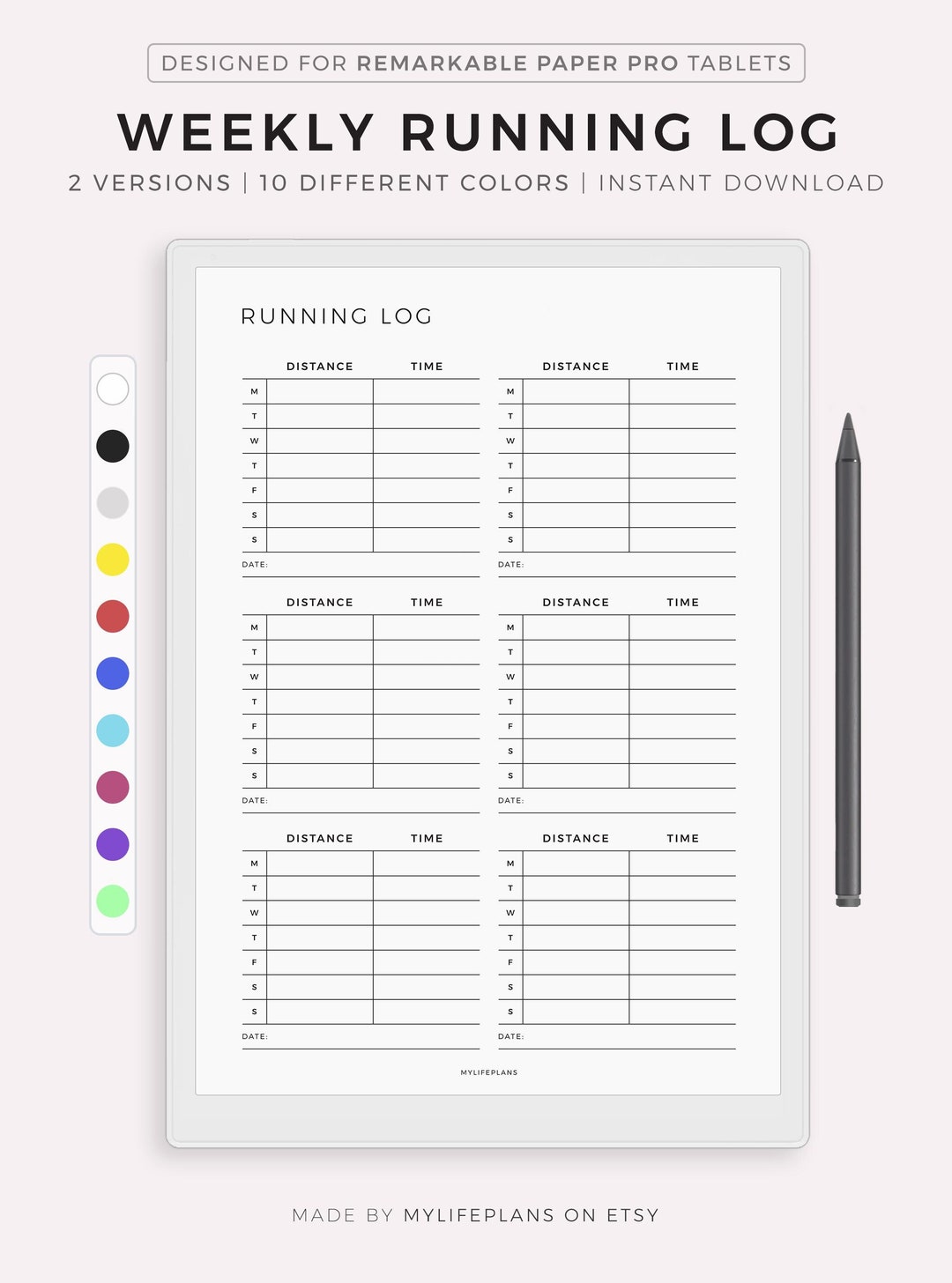 Weekly Running Log for Remarkable Paper Pro, Running Journal, Cardio ...